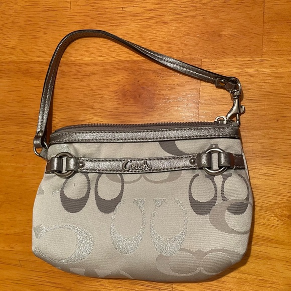 Coach | Bags | Coach Metallic Silver Monogram Logo Wristlet | Poshmark